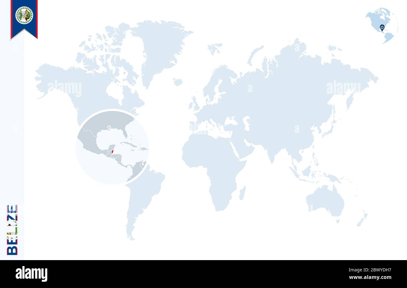 World map with magnifying on Belize. Blue earth globe with Belize flag ...