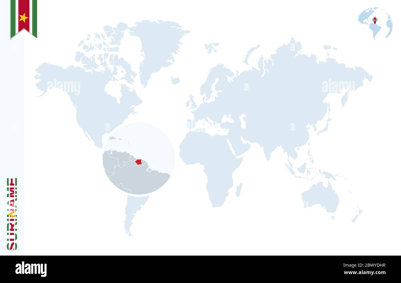 World map with magnifying on Suriname. Blue earth globe with Suriname ...