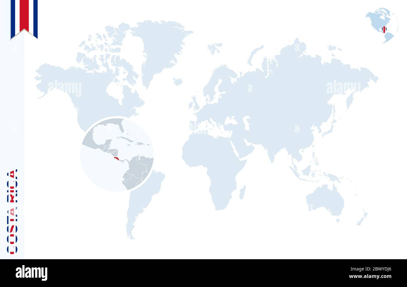 World map with magnifying on Costa Rica. Blue earth globe with Costa ...