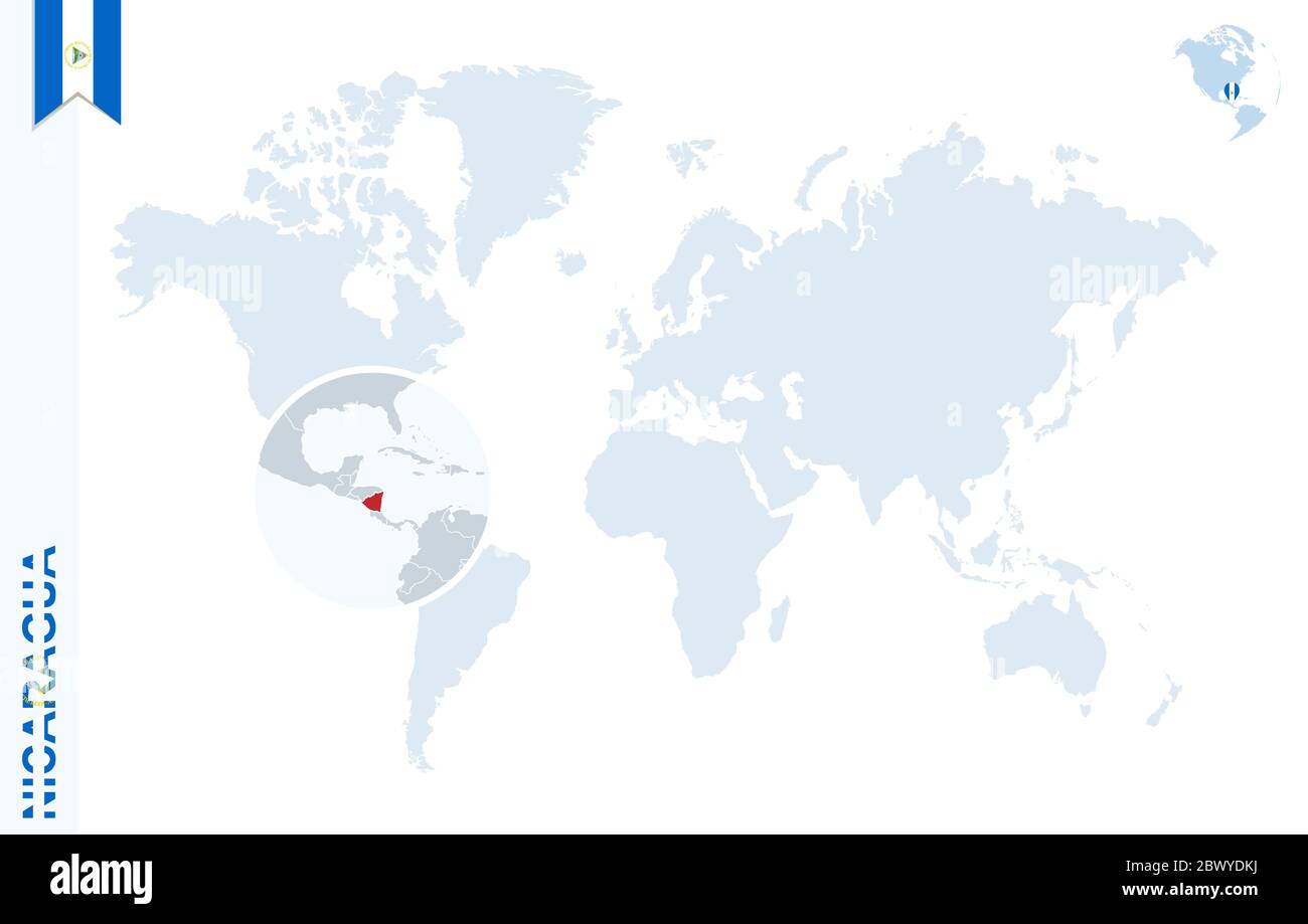 World map with magnifying on Nicaragua. Blue earth globe with Nicaragua ...