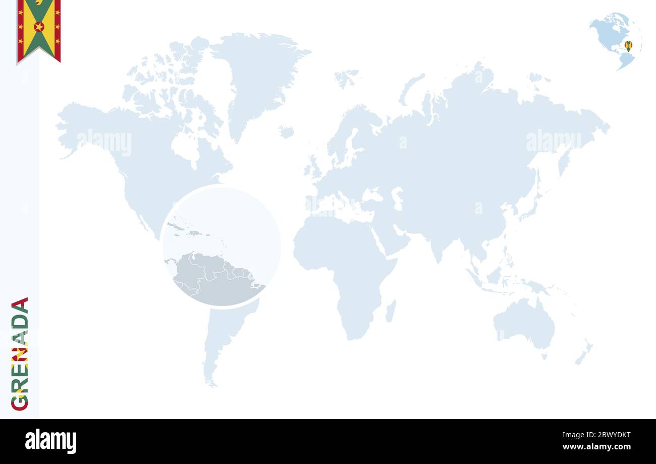 World map with magnifying on Grenada. Blue earth globe with Grenada flag pin. Zoom on Grenada ...