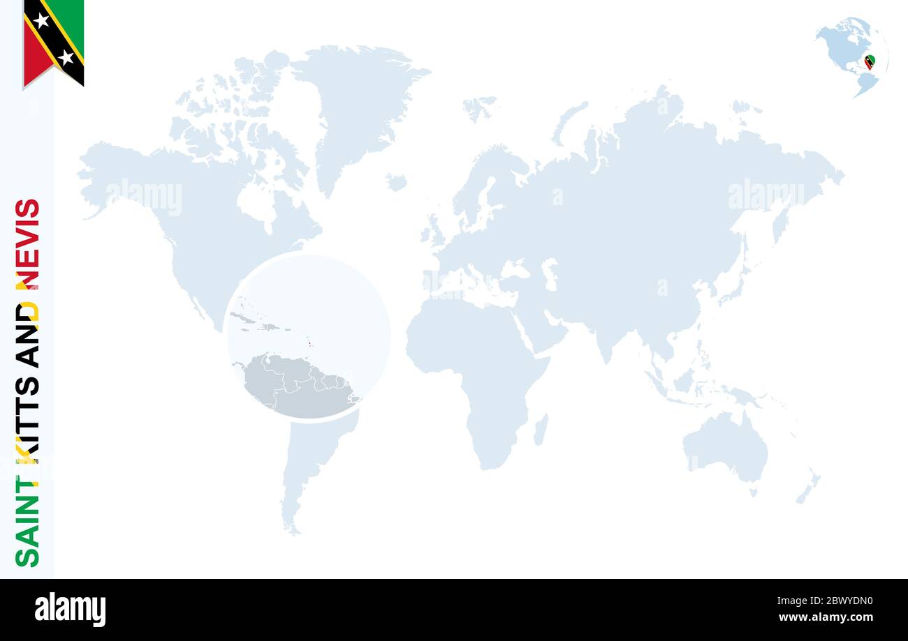 World map with magnifying on Saint Kitts and Nevis. Blue earth globe ...