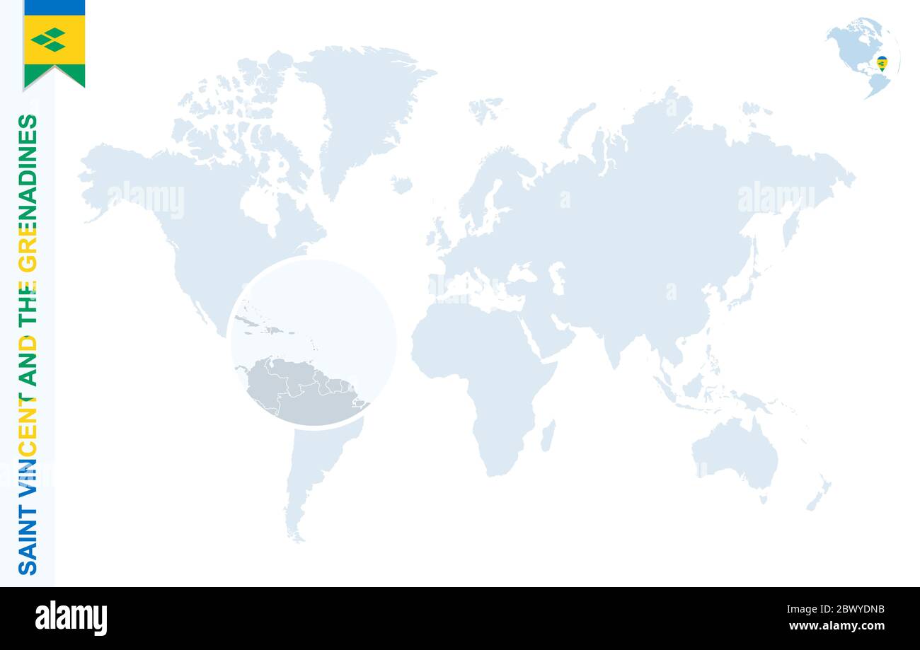 World map with magnifying on Saint Vincent and the Grenadines. Blue ...
