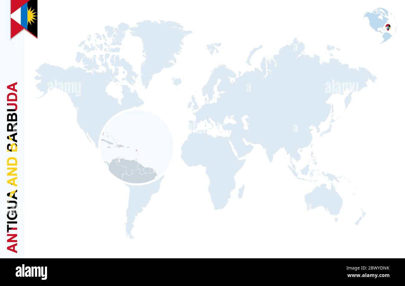 World map with magnifying on Antigua and Barbuda. Blue earth globe with ...