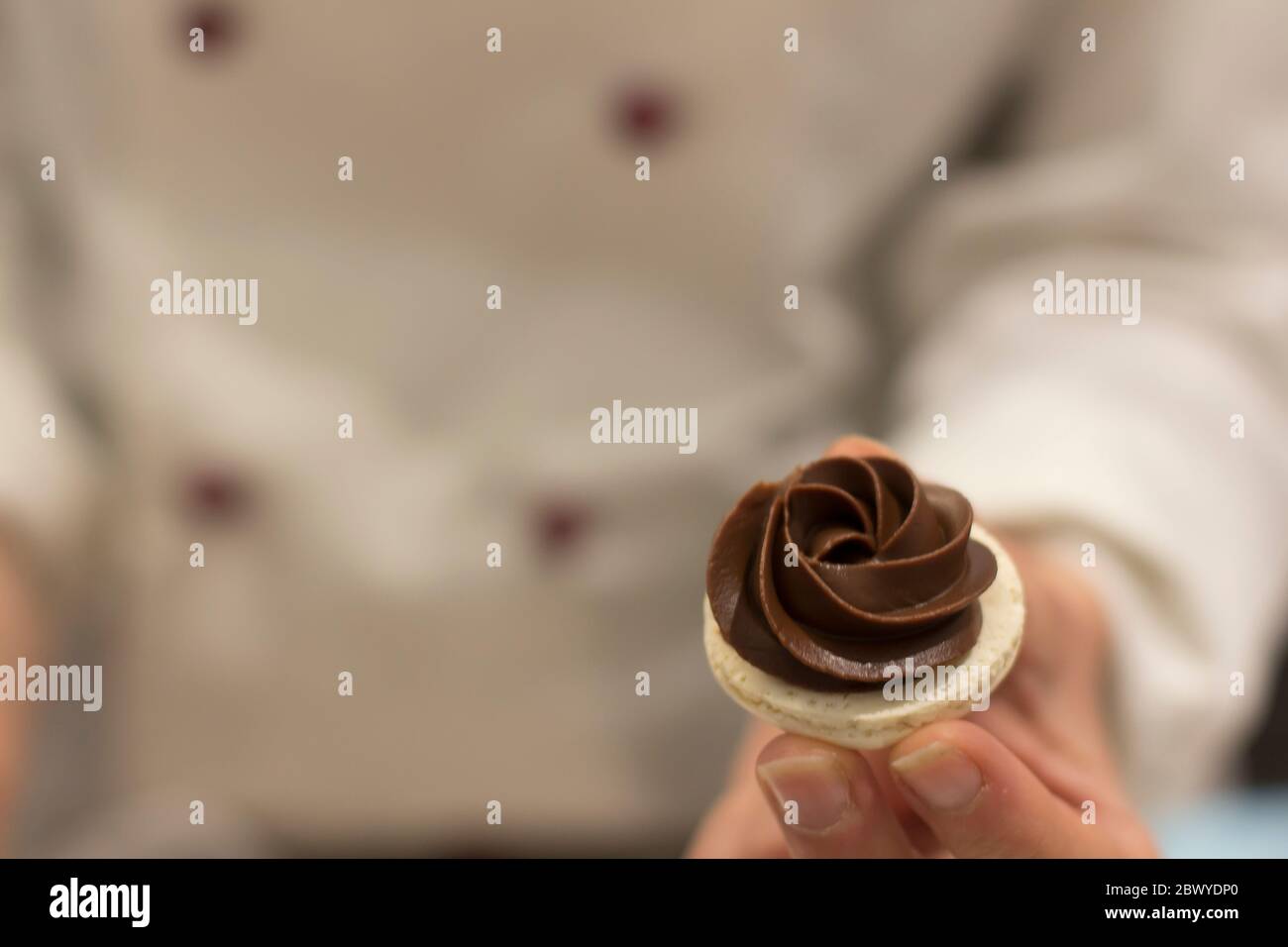 Detail of the preparation of macaron, french sweet food, inside a ...