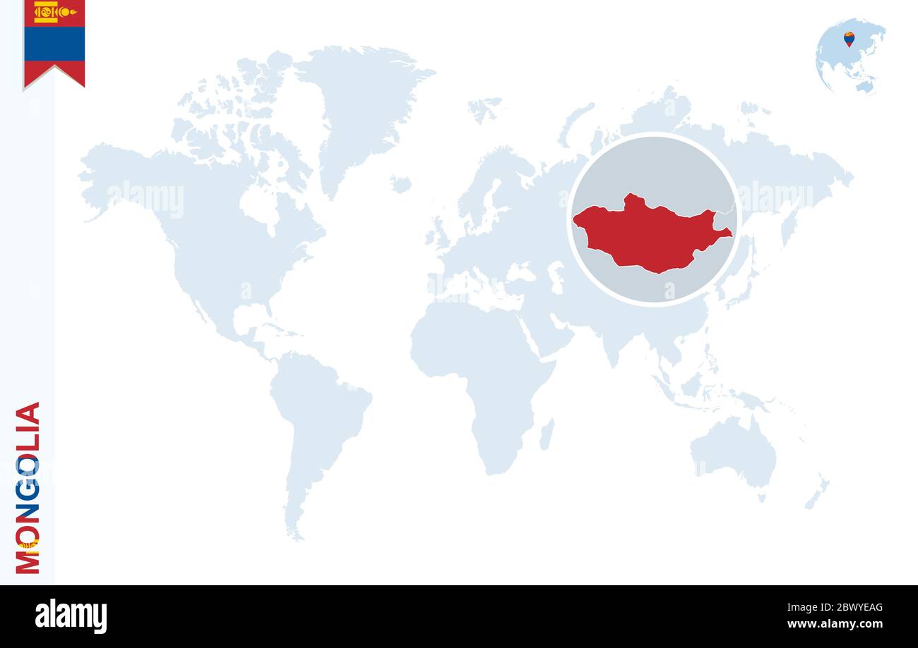 World map with magnifying on Mongolia. Blue earth globe with Mongolia ...