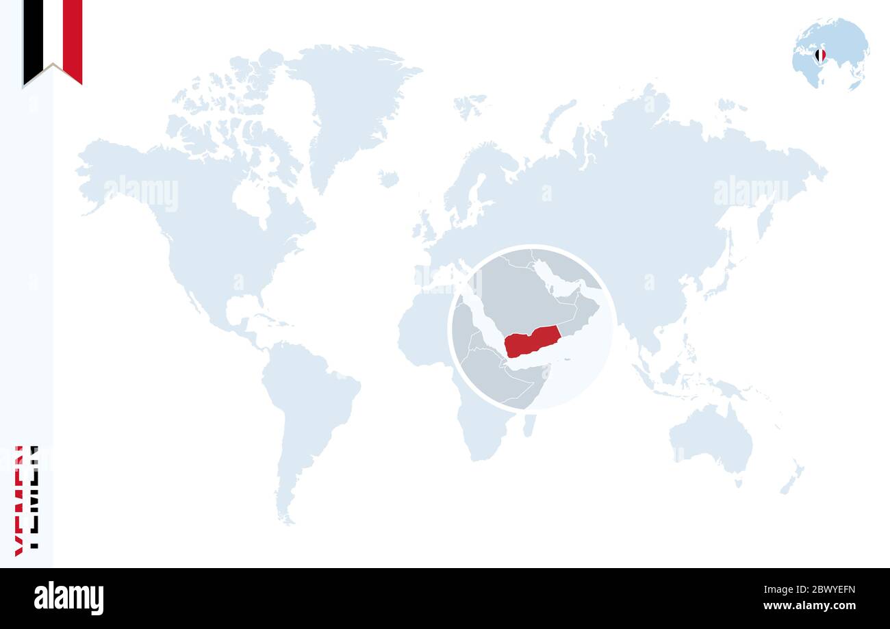World map with magnifying on Yemen. Blue earth globe with Yemen flag ...