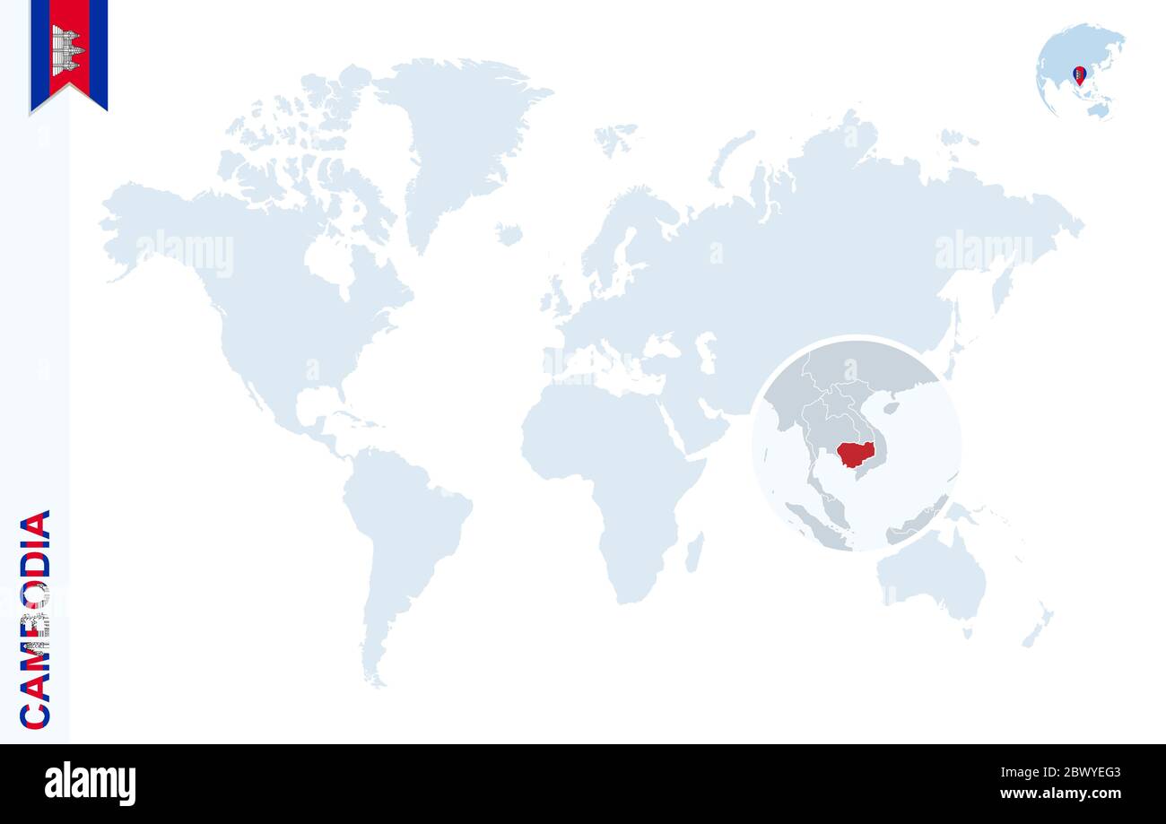 World map with magnifying on Cambodia. Blue earth globe with Cambodia ...