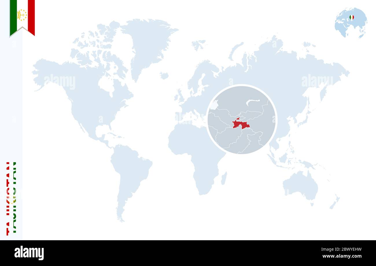 World map with magnifying on Tajikistan. Blue earth globe with ...