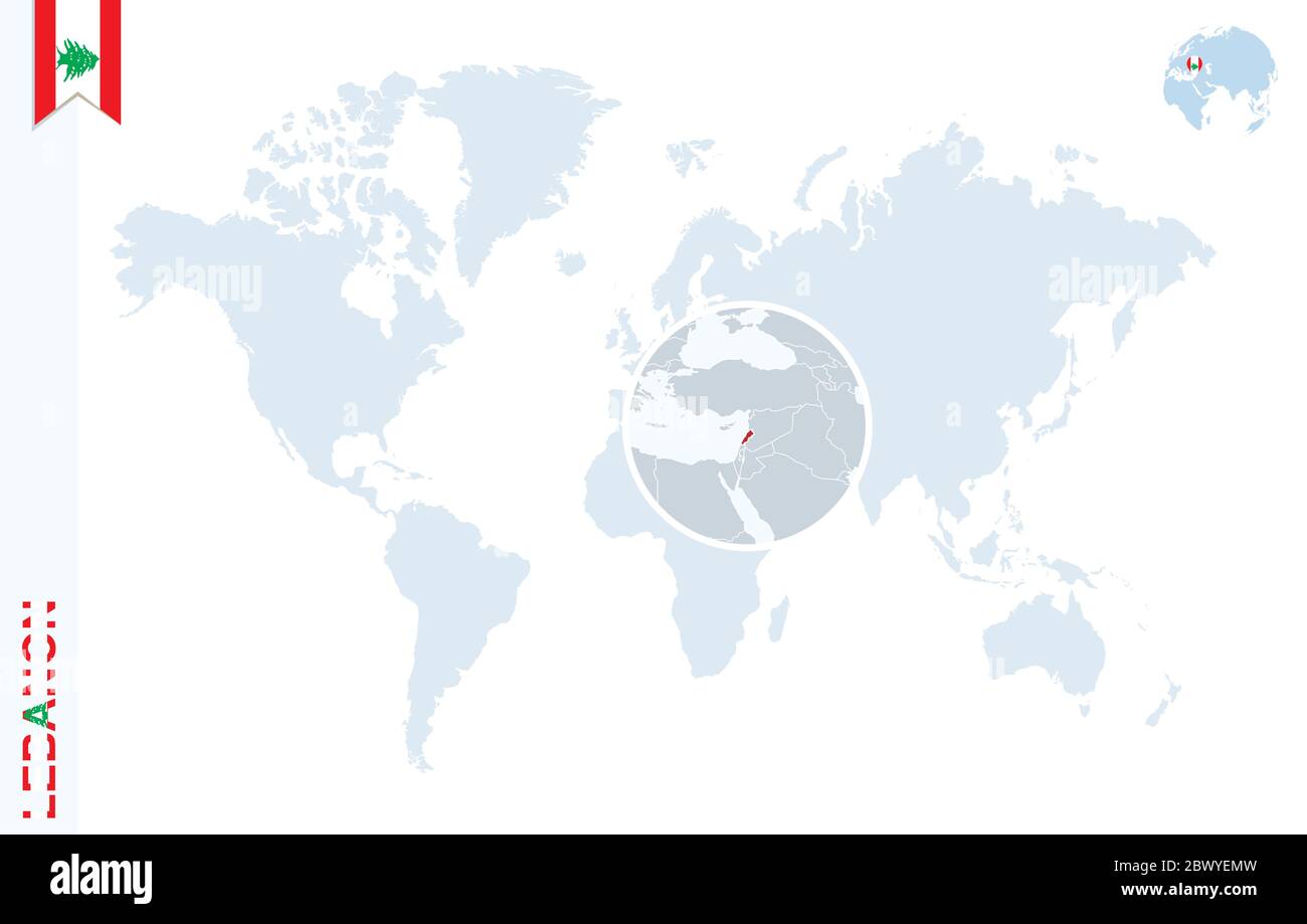 World map with magnifying on Lebanon. Blue earth globe with Lebanon ...