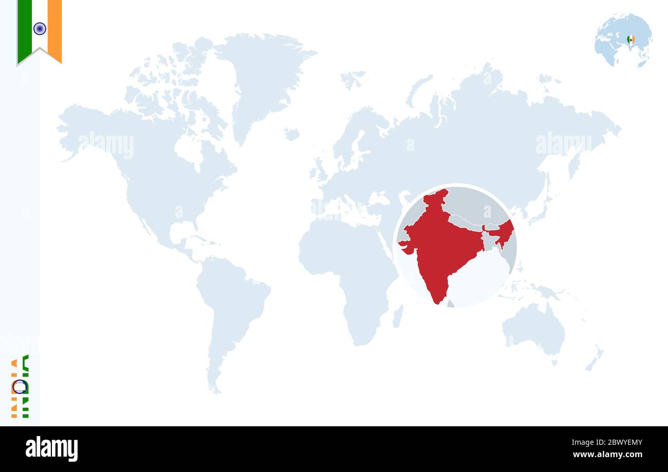 World map with magnifying on India. Blue earth globe with India flag ...
