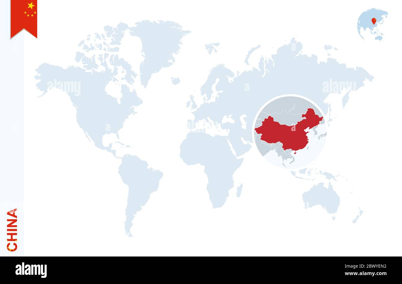 World map with magnifying on China. Blue earth globe with China flag ...