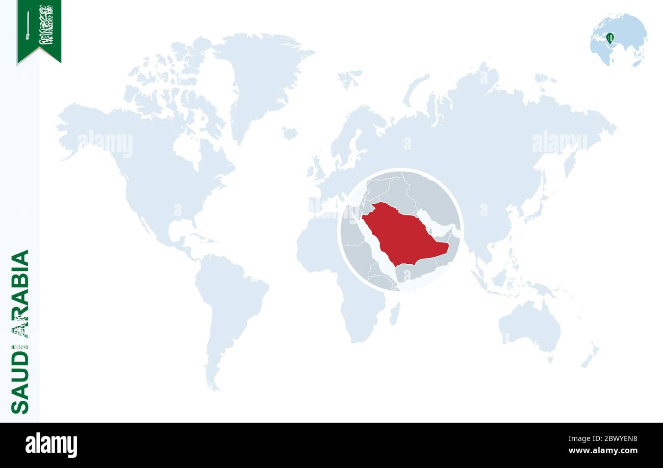 World map with magnifying on Saudi Arabia. Blue earth globe with Saudi ...