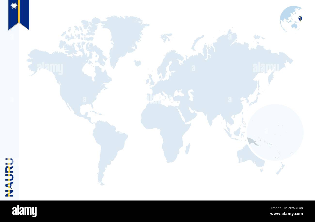 World map with magnifying on Nauru. Blue earth globe with Nauru flag ...
