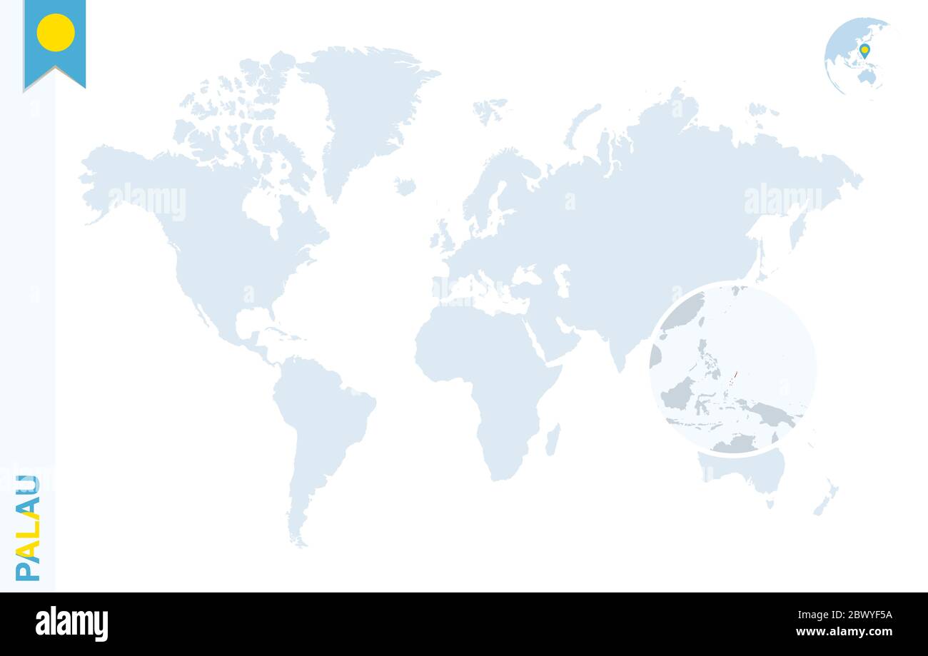 World map with magnifying on Palau. Blue earth globe with Palau flag pin. Zoom on Palau map ...