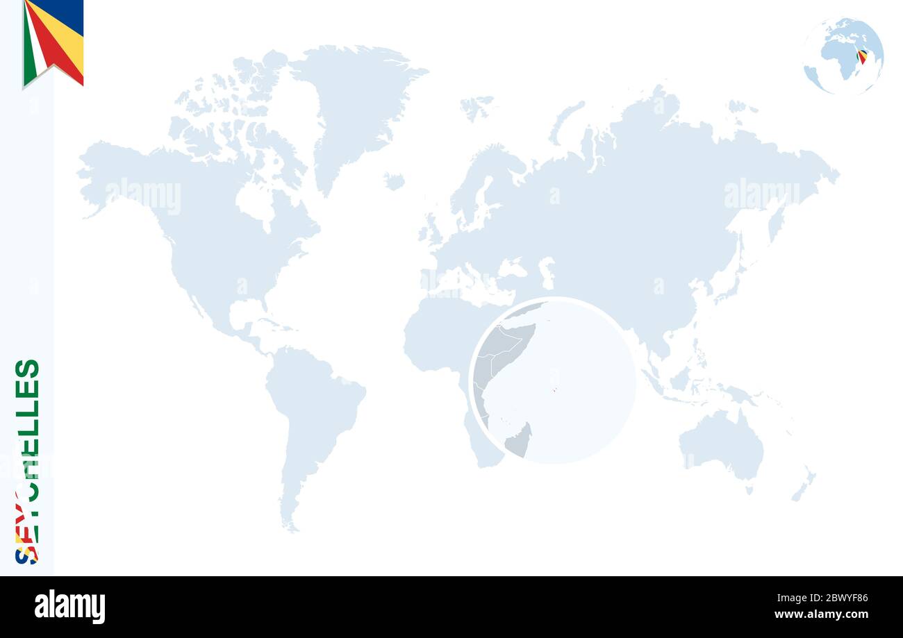 World map with magnifying on Seychelles. Blue earth globe with Seychelles flag pin. Zoom on ...