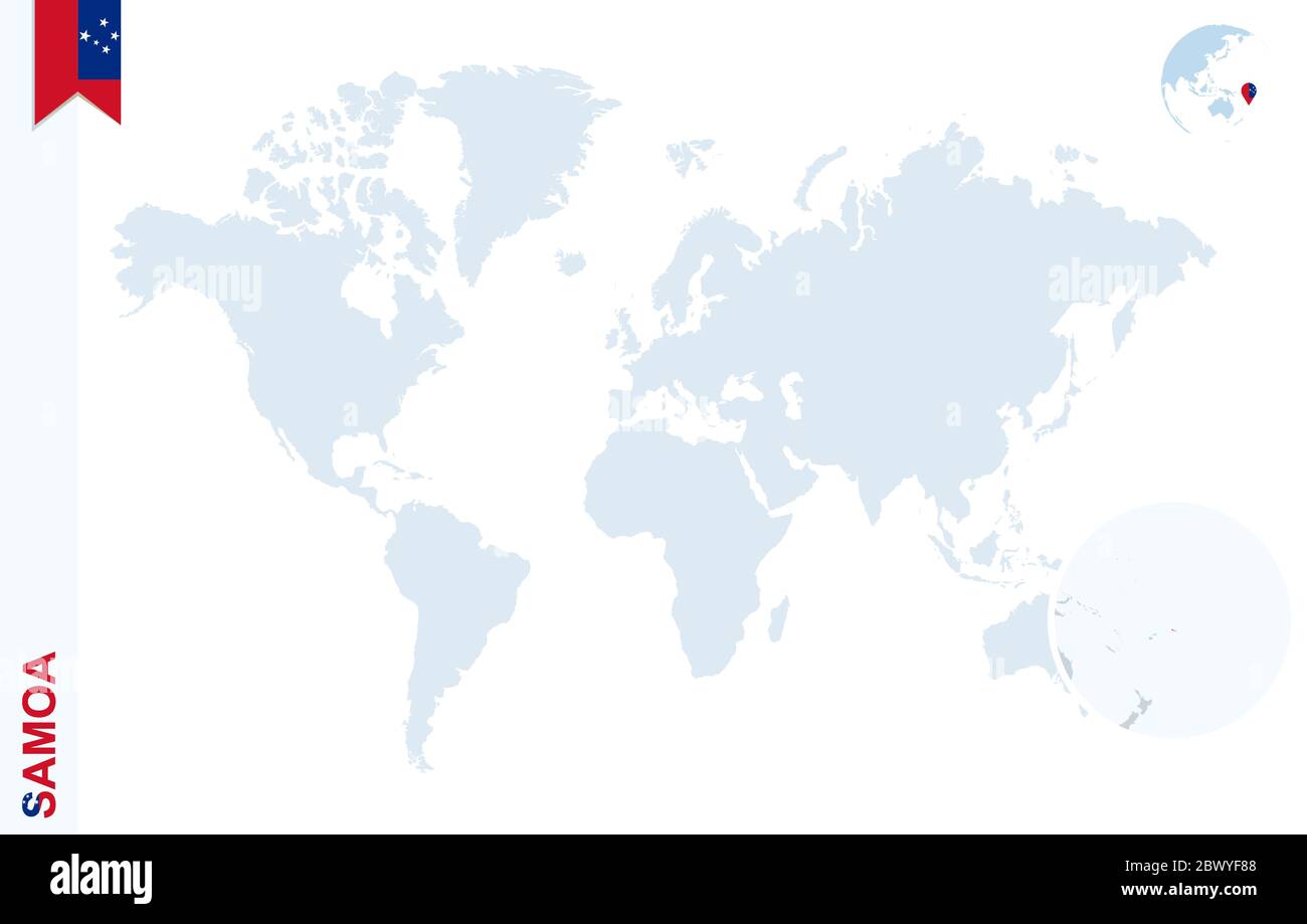 World map with magnifying on Samoa. Blue earth globe with Samoa flag ...