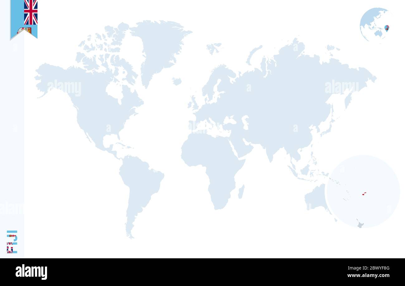 World map with magnifying on Fiji. Blue earth globe with Fiji flag pin ...