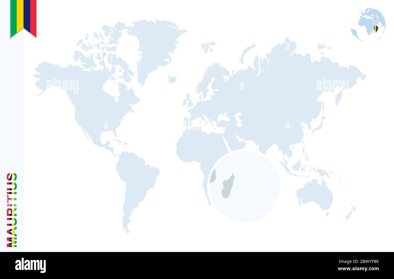World map with magnifying on Mauritius. Blue earth globe with Mauritius flag pin. Zoom on ...