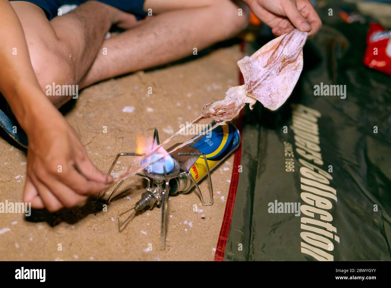 Squid grill on hot charcoal hot fire tasty delicious sea food. Grilled ...