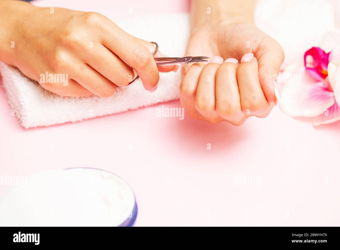 Beautiful woman hands with fresh french manicure Stock Photo - Alamy