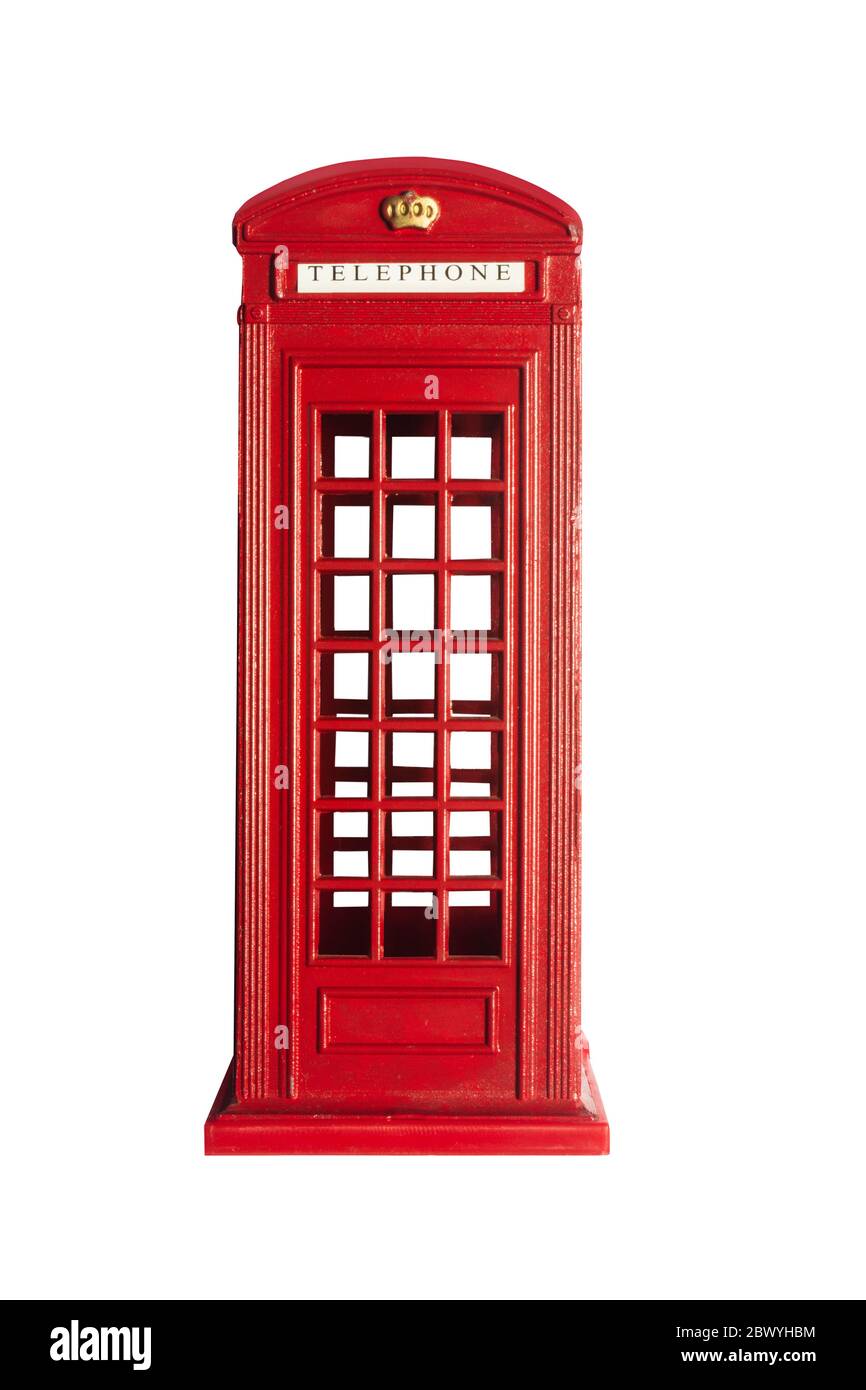 Isolated photo of a red british phone booth statuette on white ...
