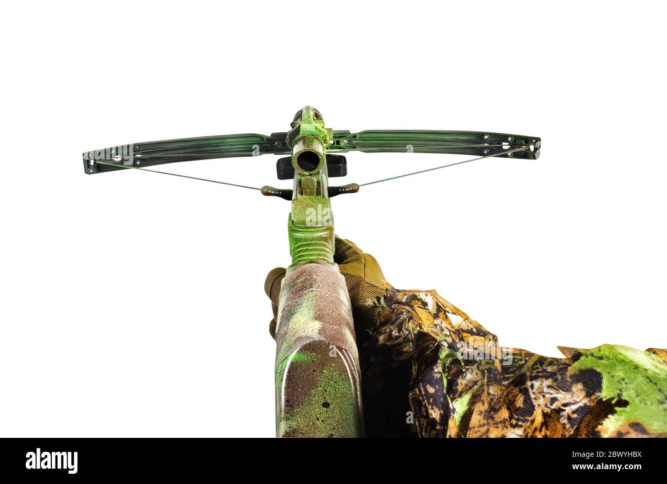 Isolated photo of a first person view hunter hand in forest camouflaged ...