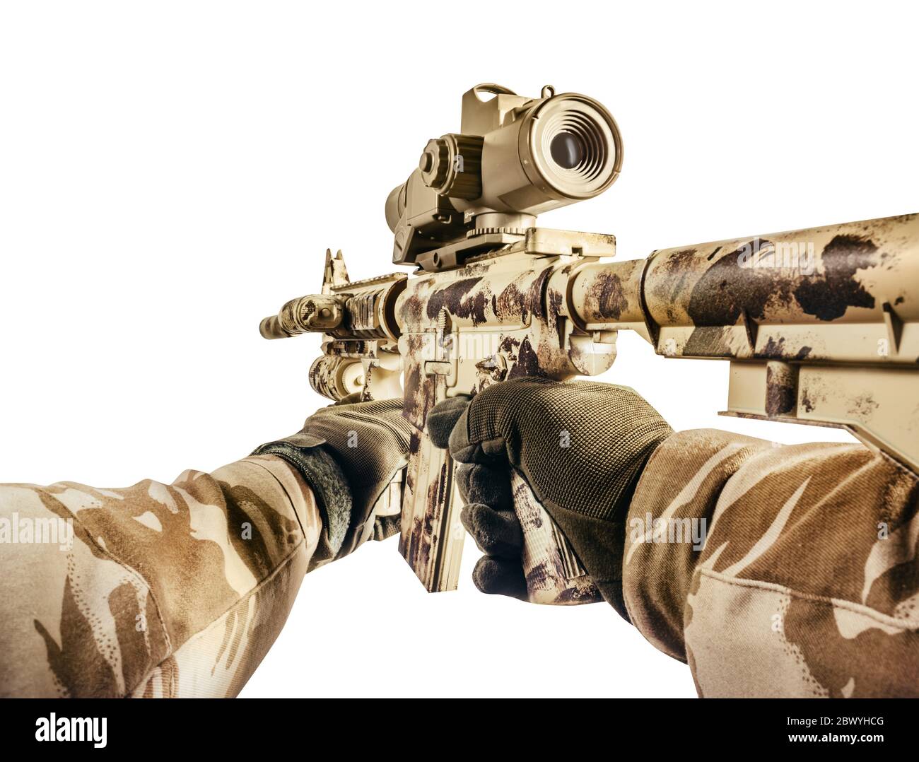 First person view shooter desert soldier hands in camouflaged shirt and ...