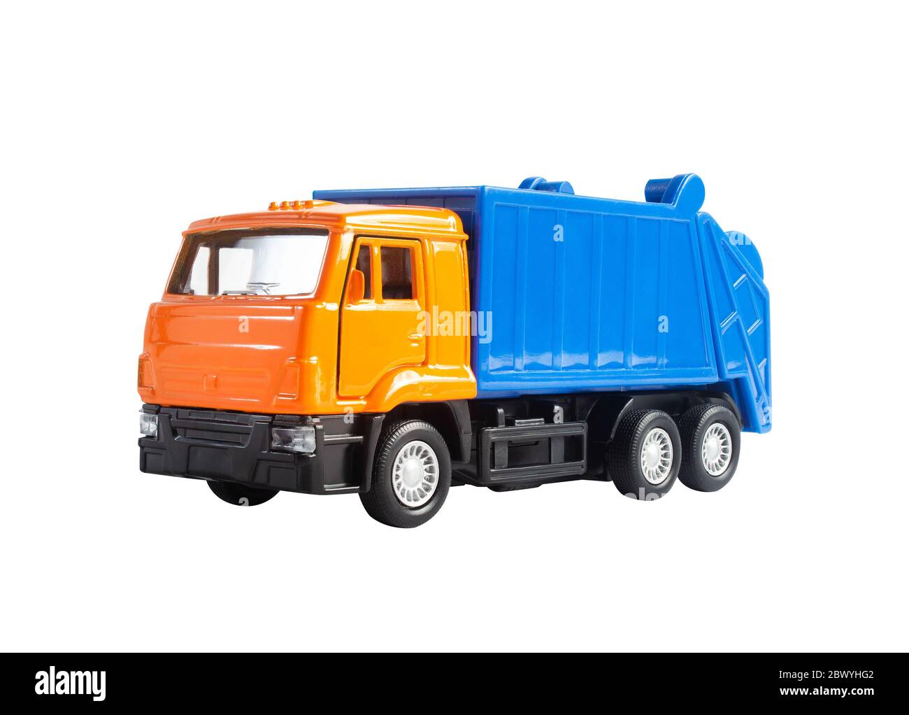 Isolated photo of a toy garbage truck angle view on white background ...
