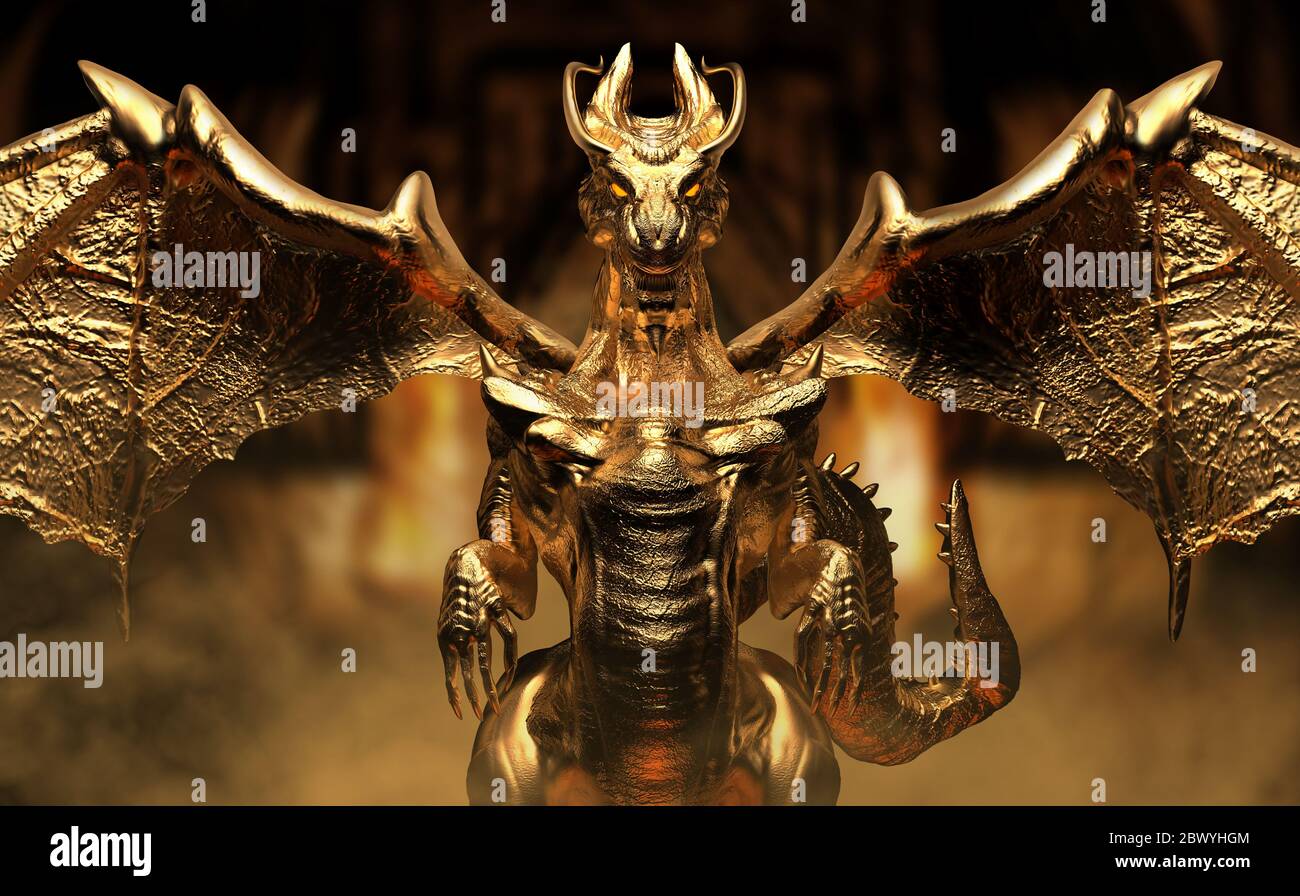 3d render illustration of golden dragon fantasy creature standing in ...