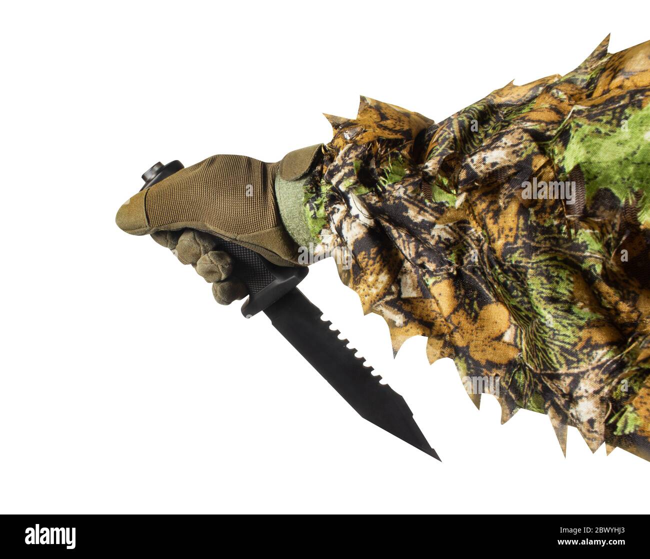 Isolated photo of a first person view hunter hand in camouflaged forest ...