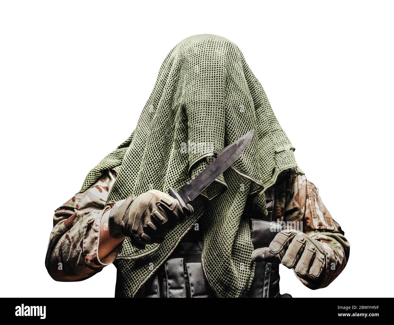 Isolated photo of a fully equipped camouflaged soldier in tectical net ...