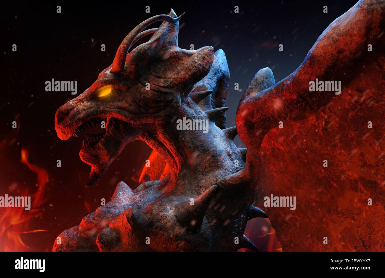 3d render illustration of dragon fantasy creature standing with fire ...
