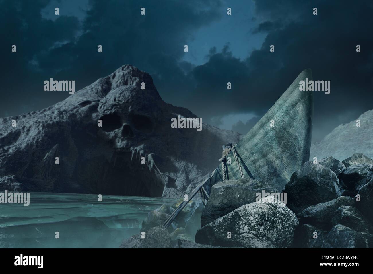 Horror 3d render illustration of sea skull cave with hills and crashed ...