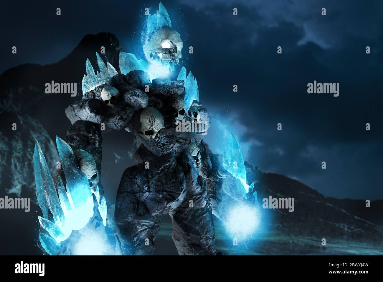 3d render illustration of fantasy ice golem creature with human skulls ...