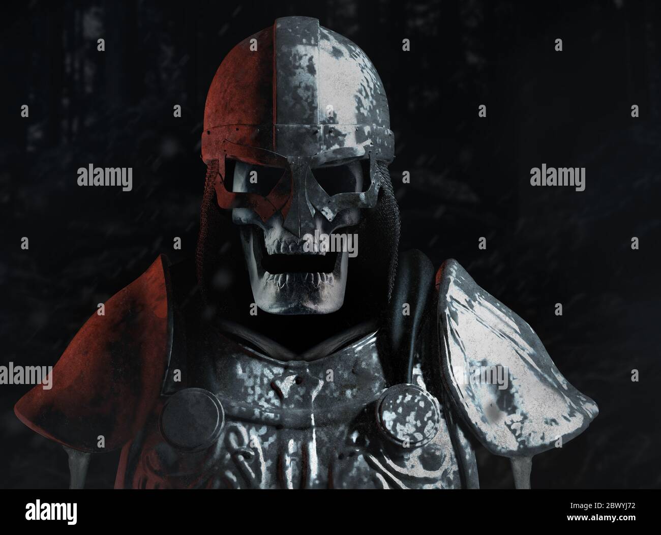3d render illustration of skeleton viking warrior in armor and helmet on dark forest background ...
