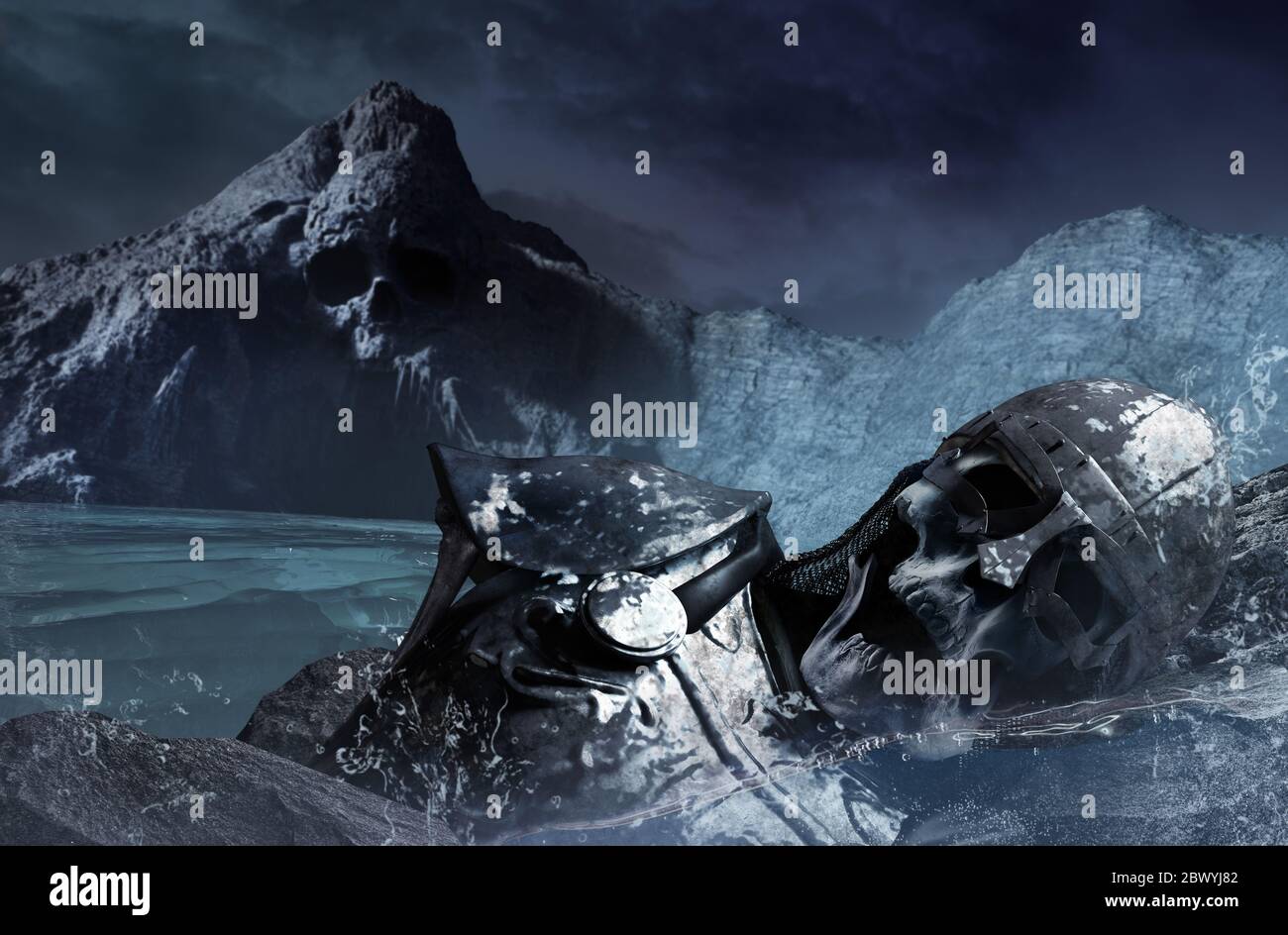 3d render illustration of sea skull cave with hills and dead viking ...