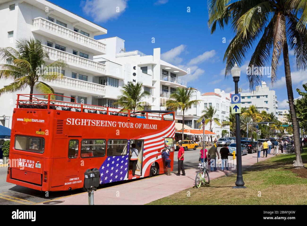 Sightseeing bus on Ocean Drive, South Beach, City of Miami Beach ...