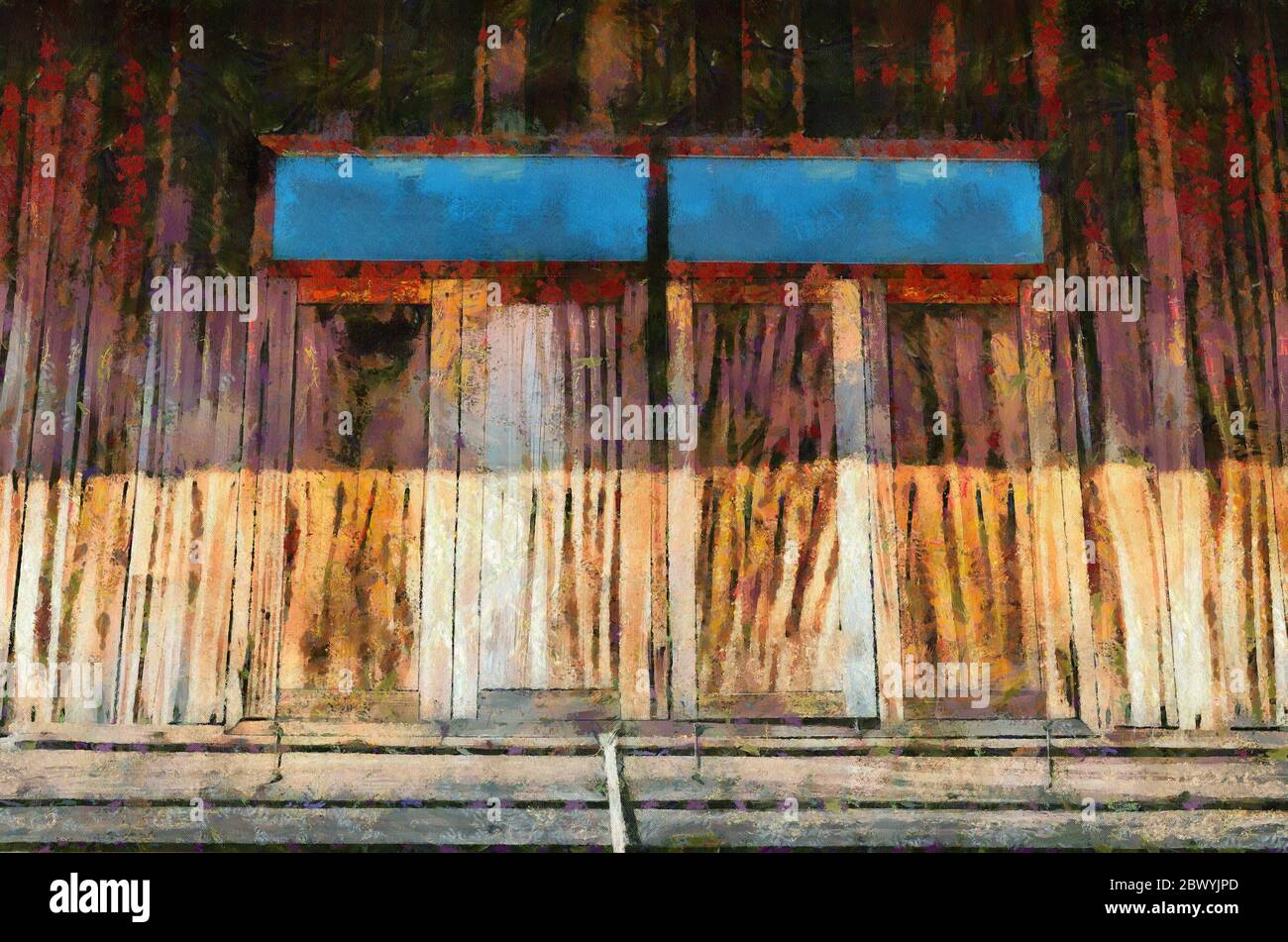 The ancient wooden windows have glass light channels on the top ...