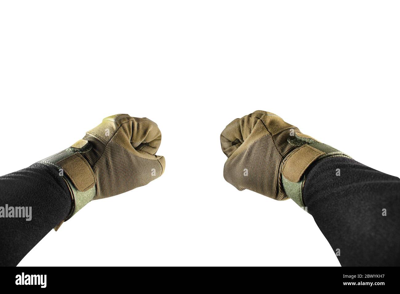 Isolated first person view photo of arm fists in tactical gloves and ...