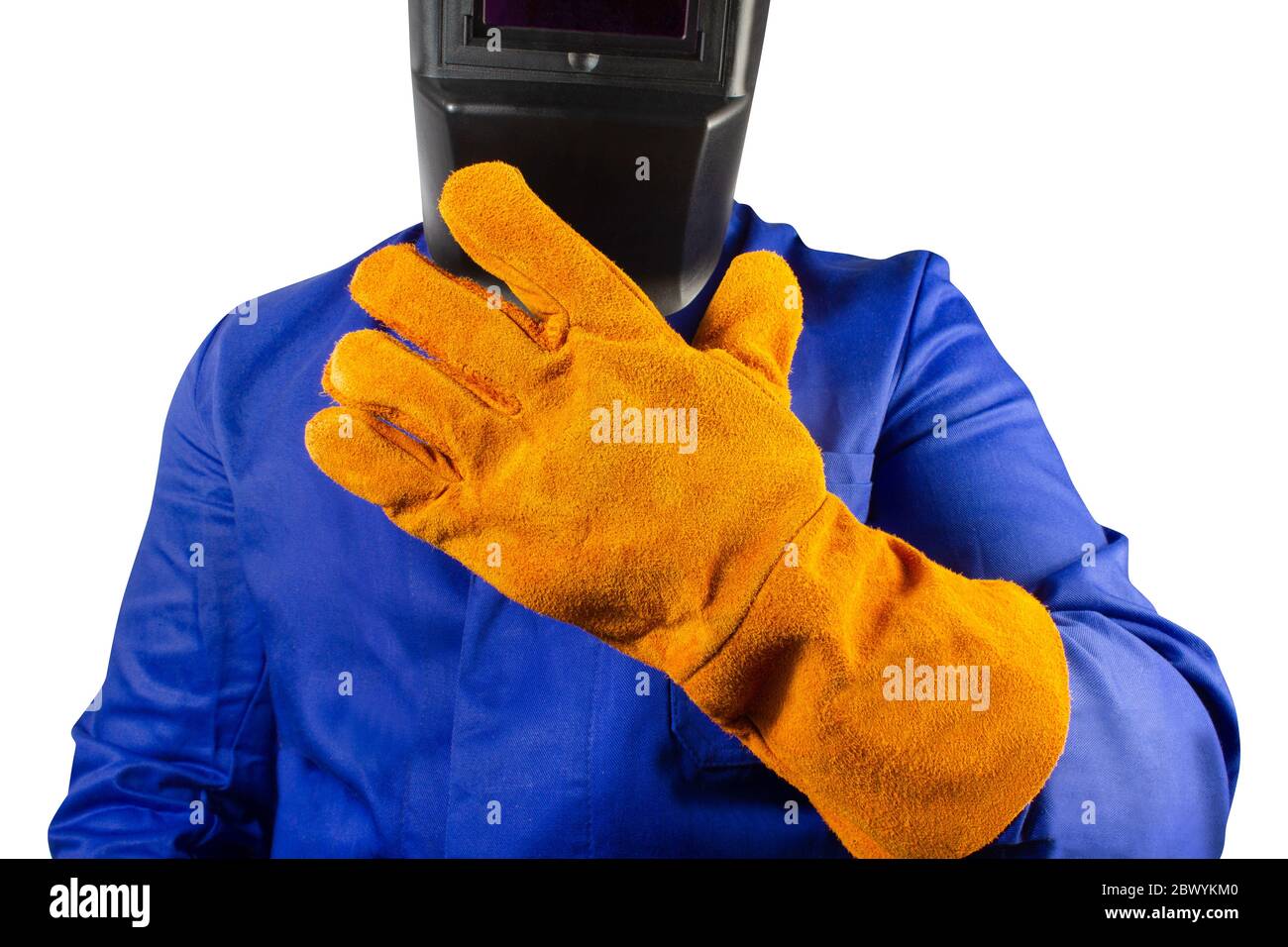 Isolated photo of a fully equipped welder in robe, mask showing orange ...