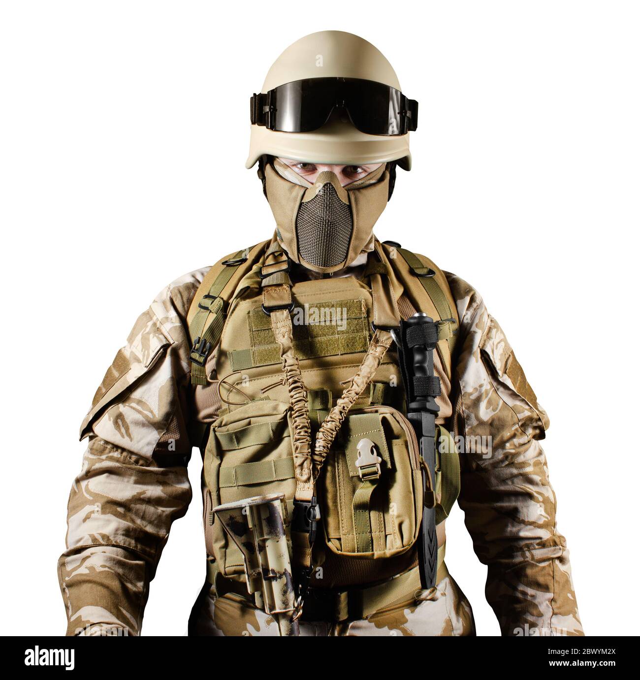 Isolated photo of a fully equipped soldier in uniform, armor, helmet ...