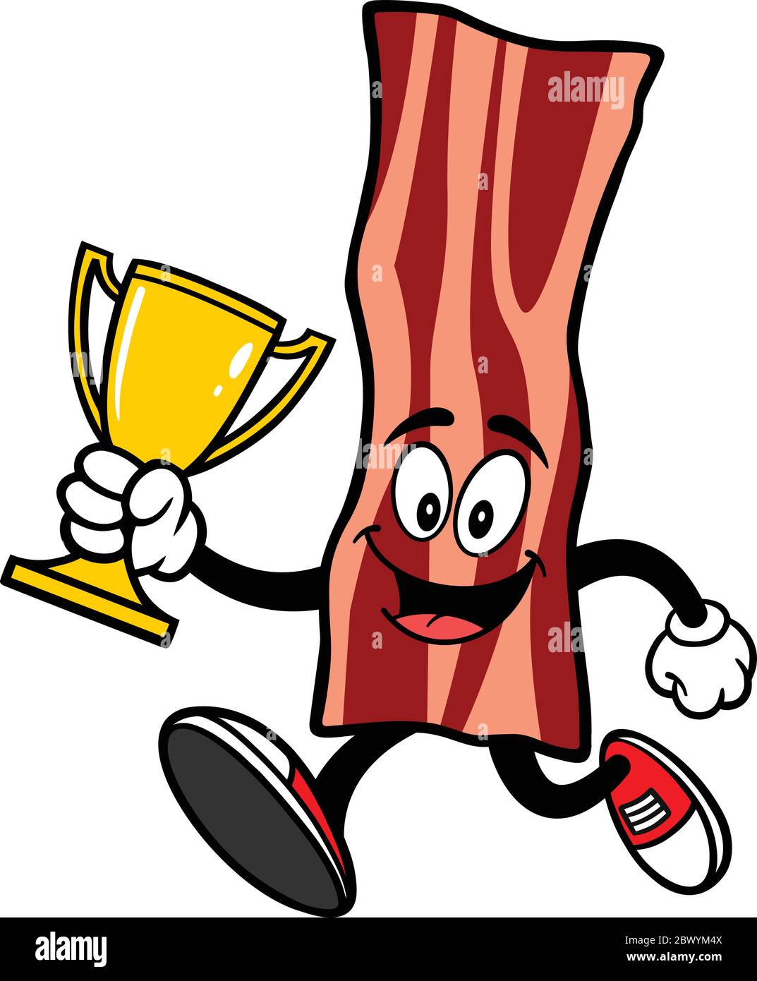 Bacon Strip Mascot Running with Trophy - A cartoon illustration of a ...