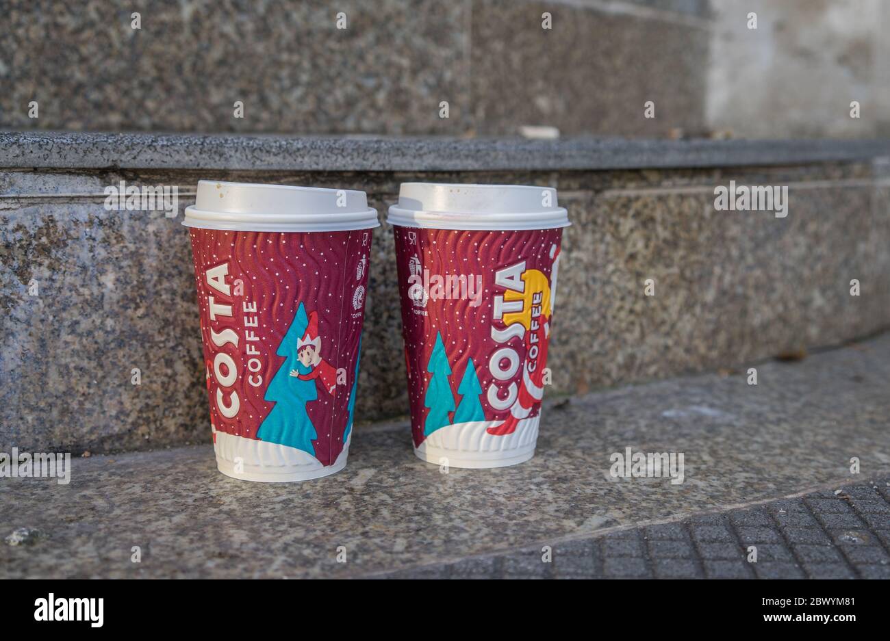 Two used disposable Costa Coffee cups with a Christmas themed design ...