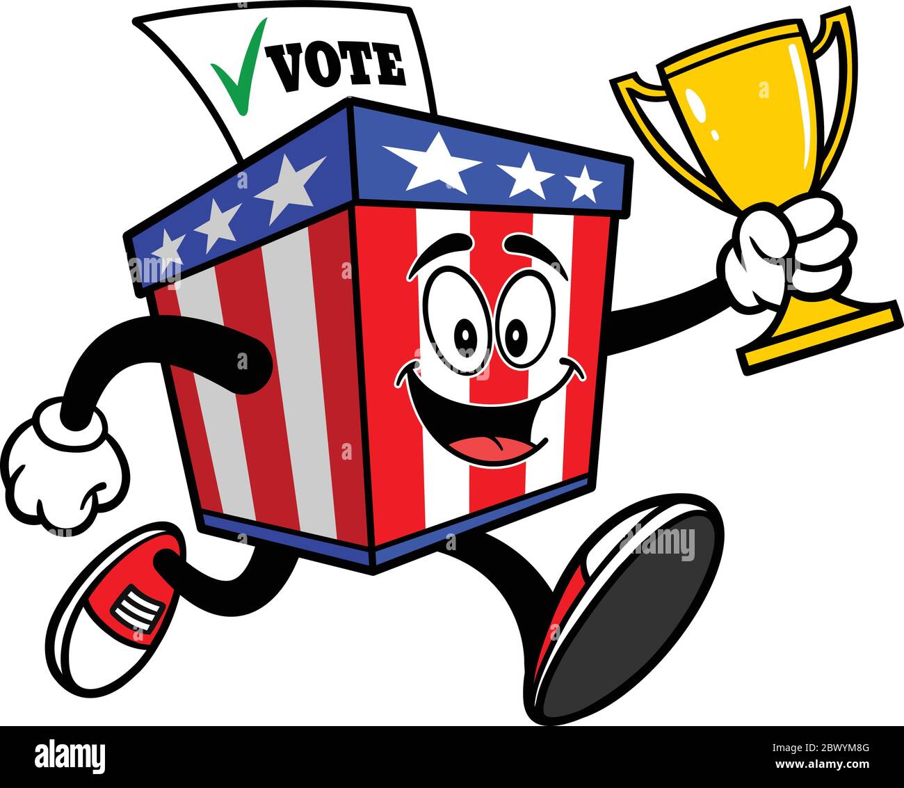 Ballot Box Mascot Running with Trophy - A cartoon illustration of a ...