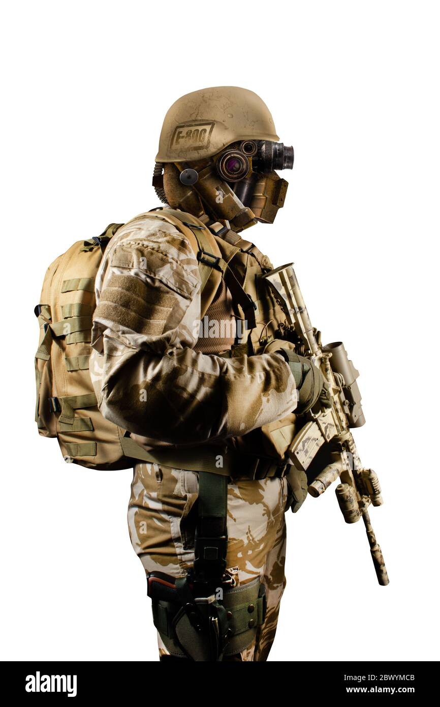 Isolated photo of a futuristic robot soldier standing with automatic ...
