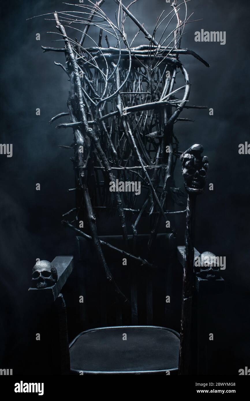 Photo of evil witch throne made of branches with skulls and cane, on ...