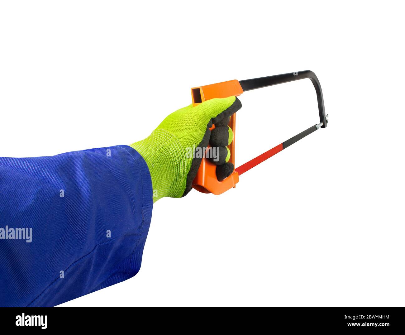 Isolated photo of a worker hand in gloves holding hacksaw, first person ...