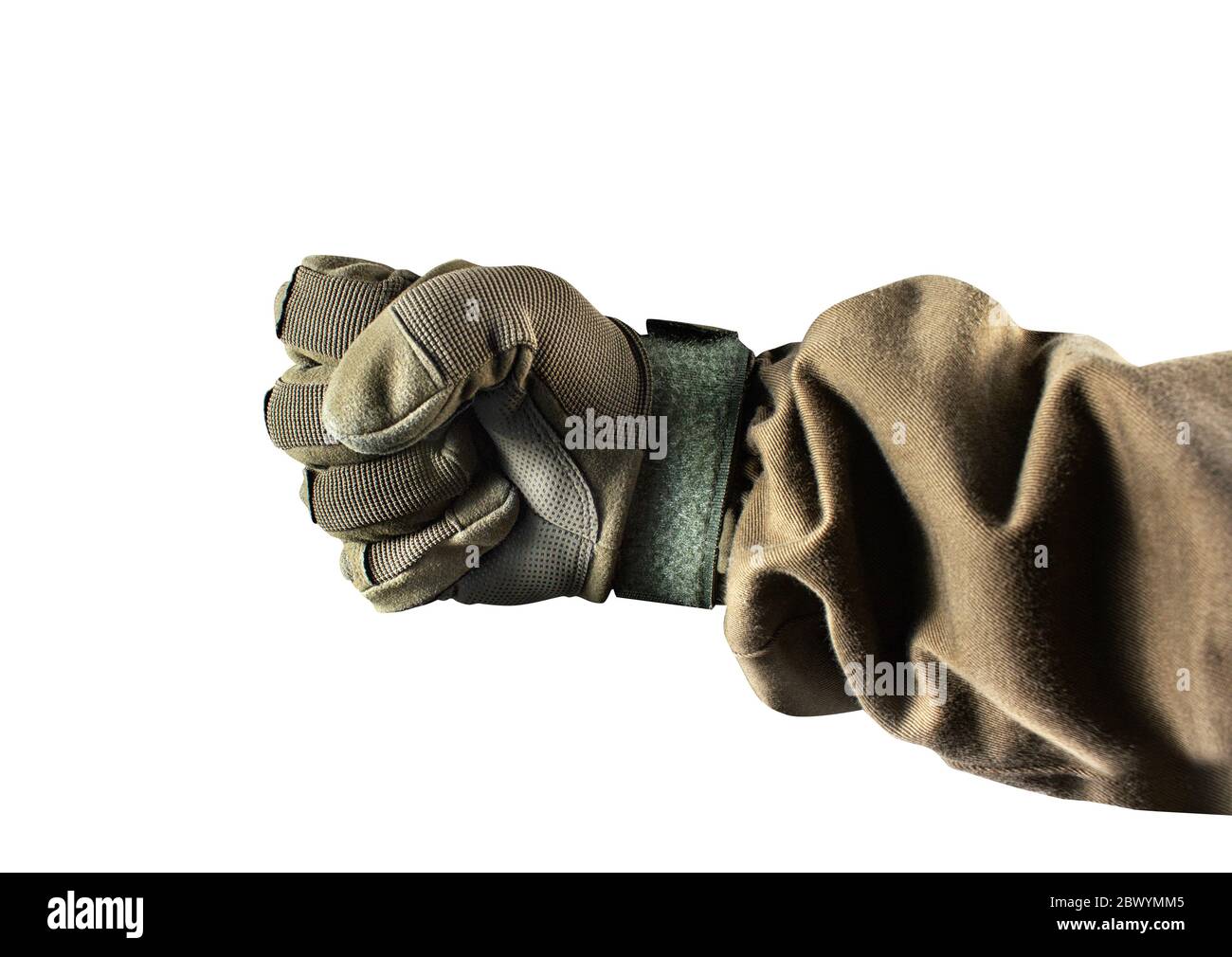 Military fist in glove and tactical jacket profile view isolated on ...