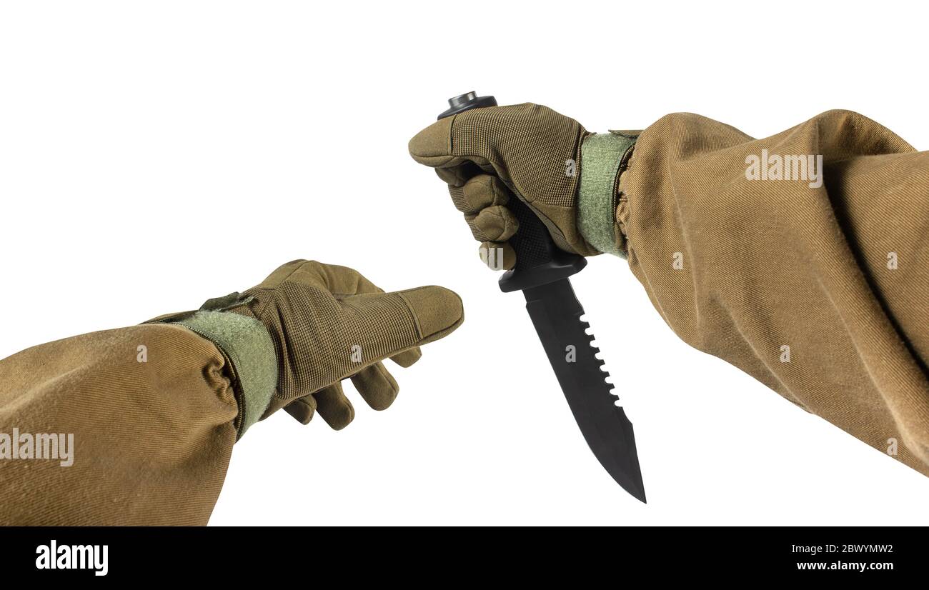 Isolated photo of a first person view arms in tactical jacket and gloves holding upper grip ...